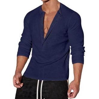 Generico Chemise gaufr&eacute;e pour homme - T-shirt d&eacute;contract&eacute; &agrave; manches longues avec boutons - Coupe r&eacute;guli&egrave;re - Style &eacute;l&eacute;gant - Pull Henley c&ocirc;tel&eacute;, bleu marine, X