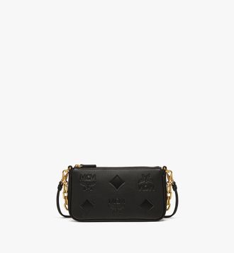 MCM Aren Umh&auml;ngetasche aus Leder mit Kette und Maxi-Monogramm BLACK LEATHER