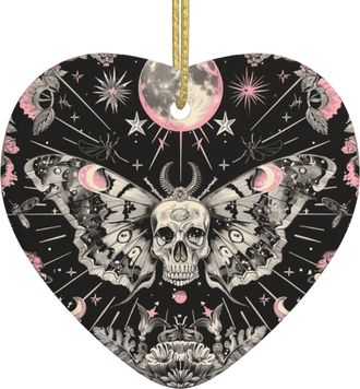 Generic Motte Sch&auml;del Celestial Gothic Blume Stern Mond Pink Weihnachtsdeko Weihnachtsschmuck Keramik Weihnachtsbaumschmuck Mit Schnur H&auml;ngende Ornamente