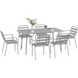 OUTSUNNY 7 tlg. Sitzgruppe, Gartenm&ouml;bel-Set mit 1 Esstisch, 6 Stapelst&uuml;hlen, Sitzgarnitur Gartengarnitur, f&uuml;r Balkon, Terrasse, Stahl, Hellgrau - Outsunny
