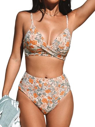 Cupshe Damen Bikini Set Crossover V Ausschnitt High Waist Bikini Bademode Wickeloptik Blümchenmuster Zweiteiliger Badeanzug Swimsuit Gelb mit Blumenmuster XS
