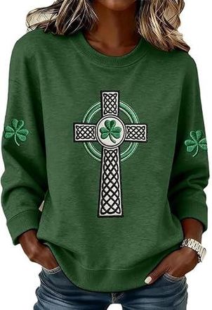 Generic Sweat-shirt vintage pour femme avec imprim&eacute; de la Saint-Patrick et noeud celtique, vert fonc&eacute;, 5XL