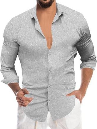 Generic Haut Paillettes- LIndispensable du Carnaval Chemise &agrave; Manches Longues Boutonn&eacute;E &agrave; Revers Imprim&eacute; Brillant pour Homme V&ecirc;Tement De Soir&eacute;E Tendance Desig