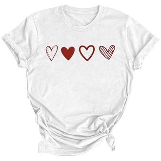 Generic T-shirt d&eacute;contract&eacute; &agrave; manches courtes et col rond imprim&eacute; coeur pour femme 2026 Saint-Valentin, blanc, XXL