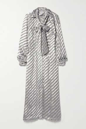 Dries Van Noten Robe Longue En Velours D&eacute;vor&eacute; &Agrave; Rayures Et &Agrave; Noeud Lavalli&egrave;re - Argent&eacute;