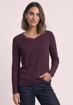 Street One Langarmshirt STREET ONE, Damen, Gr. 34, lila (rustic rouge), Web, 50% Baumwolle, 50% Modal, unifarben, comfort fit normal, Rundhals, abgesteppt, Shirt