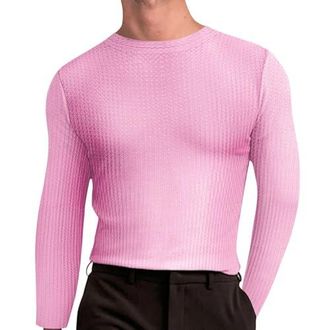 Generic Chemise &agrave; manches longues et col rond pour homme - L&eacute;g&egrave;re, respirante - Coupe ajust&eacute;e - Pour le printemps et lautomne - Confortable, rose, XXL