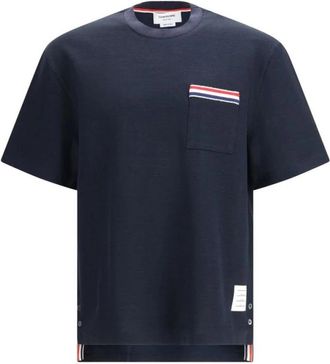 Thom Browne Honeycomb T-Shirt mit gestickter Tasche - - Tops - Herren - Blau - S