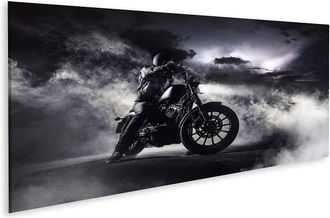 Islandburner Bild auf Leinwand Detail High Power Motorrad Chopper Mann Fahrer Nacht Nebel Hintergrundbeleuchtung Dramatischer Himme Wandbild Leinwandbild Bilder f&uuml;