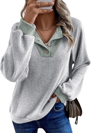Dokotoo Damen Pullover V-Ausschnitt Knopfleiste Strickpullover Langarm Patchwork Henley Shirt Casual Geripptes Sweatshirt Herbst Winter Locker Oberteile Pulli