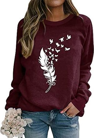 Dresswel Pull pour femme avec imprim&eacute; plume - T-shirt &agrave; manches longues et col rond - Automne et hiver, rouge bordeaux, XL