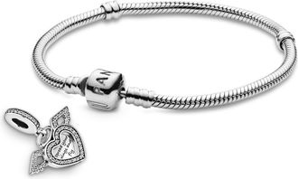 Pandora Charm Herz & Engelsflügel 798485C01 Moments Schlangen-Gliederarmband mit Zylinderverschluss aus Sterling-Silber, kompatibel mit Charms und Anhängern a