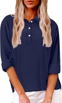 Generic Haut &agrave; manches longues boutonn&eacute; pour femme - Coupe ample - L&eacute;ger - Uni, bleu marine, XL