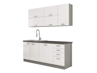 Mirjan24 K&uuml;che Multiline III, 180 cm K&uuml;chenblock/K&uuml;chenzeile mit Arbeitsplatte und Sp&uuml;lbecken, 6 Schrank-Module frei kombinierbar (Grau/Wei&szlig; Hochglanz; ohne Be