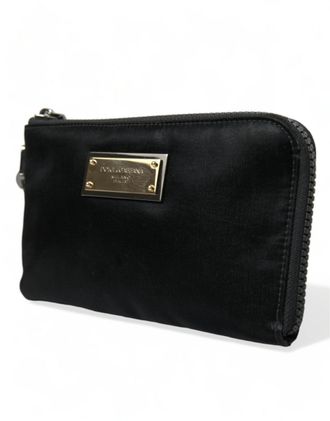 Dolce & Gabbana Womens Nylon And Calfskin With Logo Plaque Clutch Black Leather