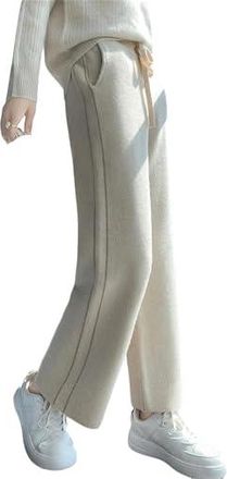 Generic Pantalon droit en laine m&eacute;rinos pour femme - Pantalon en tricot ray&eacute; - Automne et hiver - Pantalon d&eacute;contract&eacute; avec cordon de serrage, beige, L