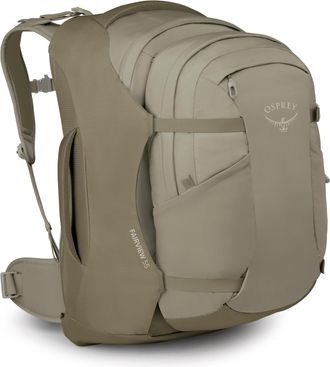 Osprey Fairview 55L Damen-Reiserucksack, Handgep&auml;cktasche mit abnehmbarem Tagesrucksack in pers&ouml;nlicher Artikelgr&ouml;&szlig;e, Sawdust-Olive Tan