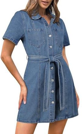 Fengbay Robe Chemise en Jean Femme &Eacute;t&eacute; Courte Manches Courtes Boutonn&eacute;e Taille Ajustable Style Babydoll Poches Confort D&eacute;contract&eacute; Chic