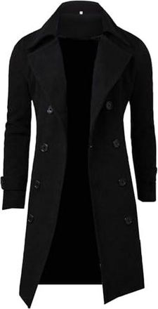 Generic Manteau d&eacute;contract&eacute; &agrave; col crant&eacute; l&eacute;ger pour homme - Double boutonnage en laine m&eacute;lang&eacute;e - Manteau de printemps chaud longueur genou, Noir, 3XL