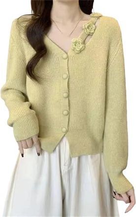 Generic Cardigan en tricot pour femme - Style cor&eacute;en - Style d&eacute;contract&eacute;, jaune, Taille XS
