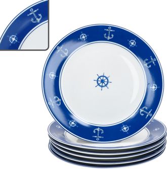MamboCat AHOI 6er Set Speiseteller I Ø 27cm I blau-weiße Porzellan-Essteller mit nautischen Motiven für 6 Personen I große Teller für Hauptmahlzeiten, zum Gril