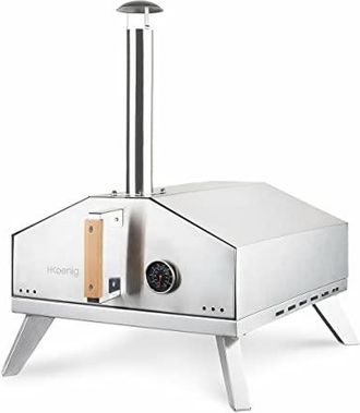 H.Koenig Gasofen f&uuml;r Pizza GINO440, Edelstahl, Oberfl&auml;che 30,5 x 30,5 cm, Pizzastein aus Cordierit, bis zu 450 &deg;C, T&uuml;r und Kamin, abnehmbar, integriertes Therm