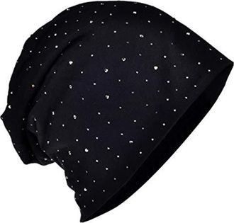 Miobo Jersey Slouch Bonnet long tendance avec strass &eacute;l&eacute;gants, rivets, unisexe, couleur unie, pour homme ou femme - noir - Taille unique