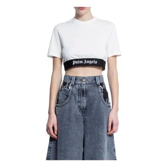 Palm Angels Femme, Tops, Blanc, Taille: 40 FR Logo Tape Crop Tee