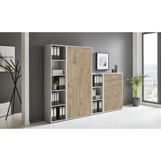 BMG M&ouml;bel BMG M&ouml;bel abschlie&szlig;bare Regalwand/Schrankwand, Office Edition Set 22, grau/ gold harbor oak