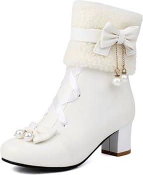Generic Femmes Mignon Arc Perle Décor Cheville Bottes Bout Rond Bas Chunky Bloc Talons Lacets Fermeture Éclair Chaud Fête Quotidienne Cosplay Chaussures,Blanc
