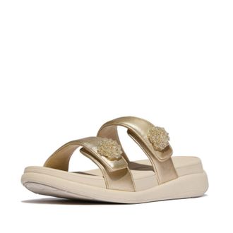 FitFlop F-Mode Go Beadie-Button Adj. Flatform 2-Bar Slides, Damen-Sandalen, Platinfarben, 39 EU