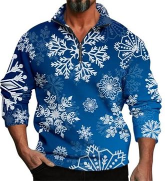 Generic Pull de Noël 2025 avec fermeture éclair 1/4 pour homme - Motif flocons de neige - Col à revers - Pour lhiver et lautomne, bleu, XXL
