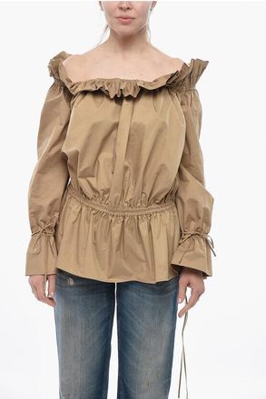 Saint Laurent Off-Shoulder Cotton Blouse With Ruffles size 40