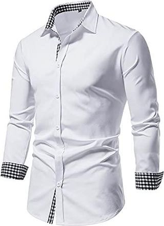 Generic Chemise Formelle pour Hommes décontractée à Manches Longues Col Bicolore Chemise à Carreaux Patchwork habillées Slim Business Classiques boutonnées, I