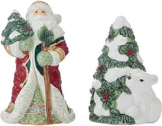 Fitz and Floyd Woodland Holiday Keramikfigur Weihnachtsmann und Weihnachtsbaum, Arbeitsplatte, Salz- und Pfefferstreuer, 12,7 cm und 10,2 cm