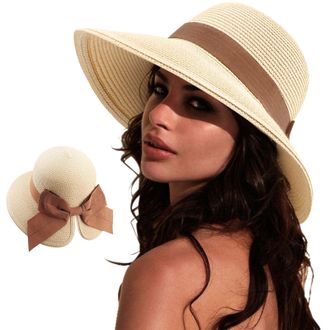Dreshow Sonnenh&uuml;te f&uuml;r Damen Reise Fedora Faltbarer Strand Sonnenhut Sommer Breite Krempe Stroh Eimer Hut mit Bowknot UPF 50+