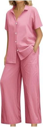 Generic Surv&ecirc;tement pour femme &agrave; manches 3/4 en lin et coton - Coupe ample - Tenue deux pi&egrave;ces avec haut et pantalon - Respirant et confortable pour un usage 