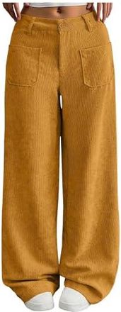 Generic Pantalon d&eacute;contract&eacute; en velours c&ocirc;tel&eacute; pour femme - Taille haute - Taille large - Taille &eacute;lastique - Pantalon ample avec poches - Pantalon en velours 