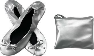 Minetom Damen M&auml;dchen Faltbare Ballerina Bequem Flache Ballerinas Casual Komfort Weich PU Leder Party Hochzeit Schuhe mit Tragetasche A Silber 39/40 EU