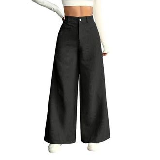 Generic Pantalon en velours c&ocirc;tel&eacute; pour femme - Jambes larges - Pantalon de travail - Coupe ample - D&eacute;contract&eacute; - Taille &eacute;lastique - 33, Noir, XXL