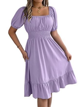 Generic Robe d&eacute;t&eacute; d&eacute;contract&eacute;e &agrave; manches bouffantes avec col carr&eacute;, manches courtes, taille ajust&eacute;e, ourlet &agrave; volants, robe d&eacute;t&eacute; midi trap&egrave;ze, violet, XL