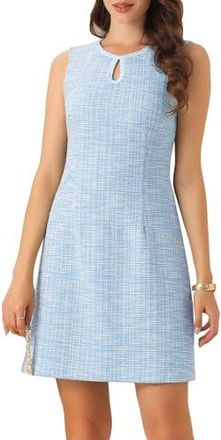 Allegra K Robe en Tweed Femmes &Eacute;l&eacute;gantes Coupe Trap&egrave;ze Robe de Business sans Manches D&eacute;contract&eacute;es Robe A-Ligne &agrave; Carreaux Bleu Clair S