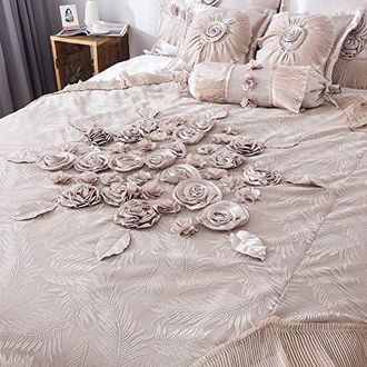 Tache Home Fashion Sweet Victorian 6 Piece Satin Luxurious Floral Solid Comforter Set, Queen, Beige, 2