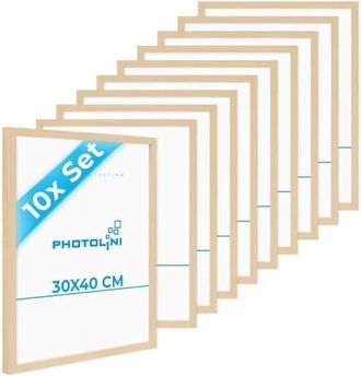 Photolini Cadre 30 x 40 bois MDF naturel, lot de 10 cadres photo 30x40 pour posters, picture frame 40x30, verre acrylique incassable, décoration murale à suspen