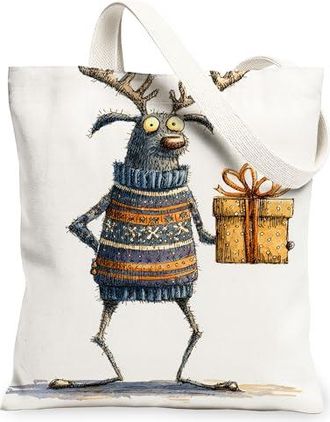 Generic Sacs fourre-tout fantaisistes en toile avec motif de renne, sacs d&eacute;picerie r&eacute;utilisables, l&eacute;gers et lavables pour le shopping, blanc, 13x15 Inch