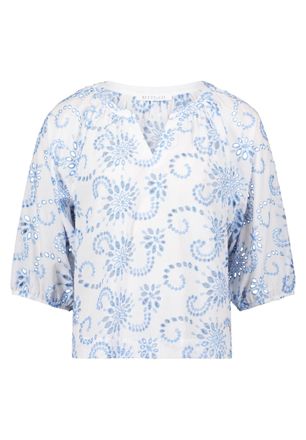 Betty & Co Damen Schlupfbluse mit Stickerei 36, Wei&szlig;/Blau