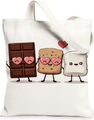 Generic Sacs fourre-tout mignons en toile SMores, motif personnages de desserts amusants, sacs d&eacute;picerie r&eacute;utilisables, l&eacute;gers et lavables, blanc, 13x15 Inch