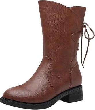 Generic Bottes Femme Rétro En Cuir Souple Talon Bloc Bout Rond Bottes Mi-mollet de Cowboy Style Western Fermeture Éclair Légères Antidérapant Boots Chaussures