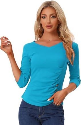 Allegra K Femmes Haut Fronc&eacute; Manches 3/4 Col V Lac Bleu L