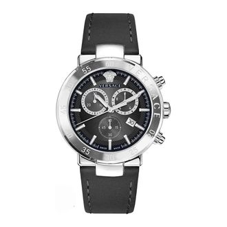 Versace Homme, Accessoires, Noir, Taille: ONE Size Chronographe Bracelet en Cuir Montre &agrave; Quartz avec Date